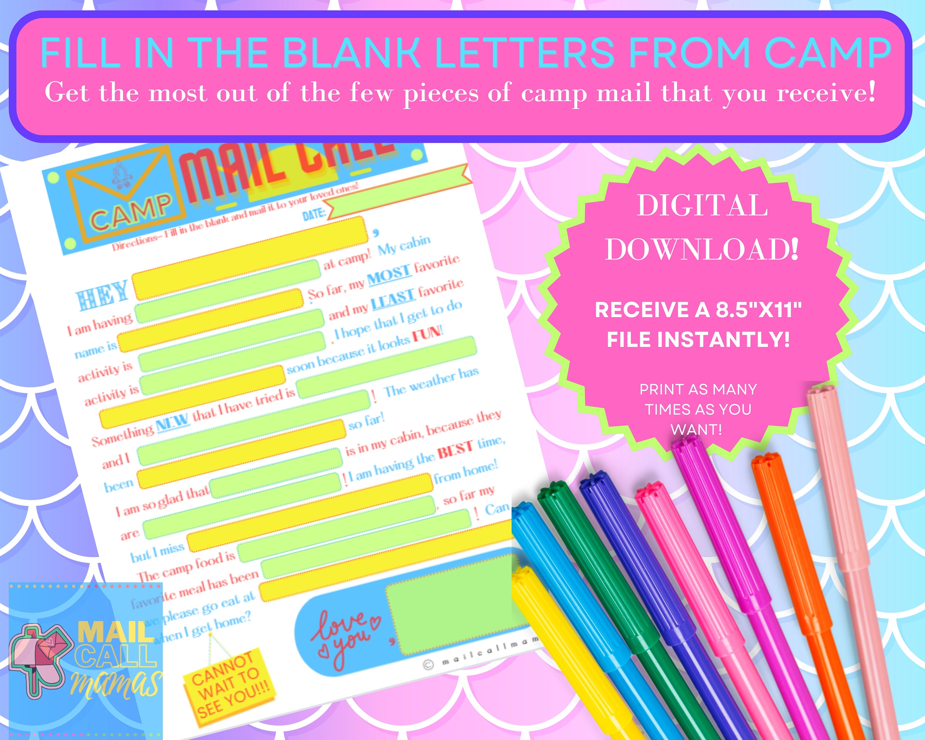 Fill in the Blank Template Girly Summer Camp Digital Download Letter All Camps - Etsy