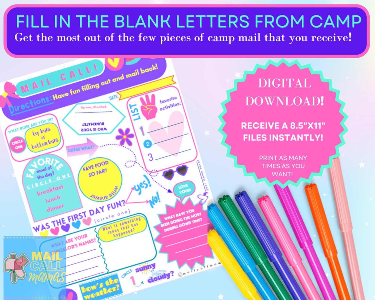 LETTER FUN QUESTIONNAIRE Fill in the Blank Template - for Girls and All Camps - Etsy