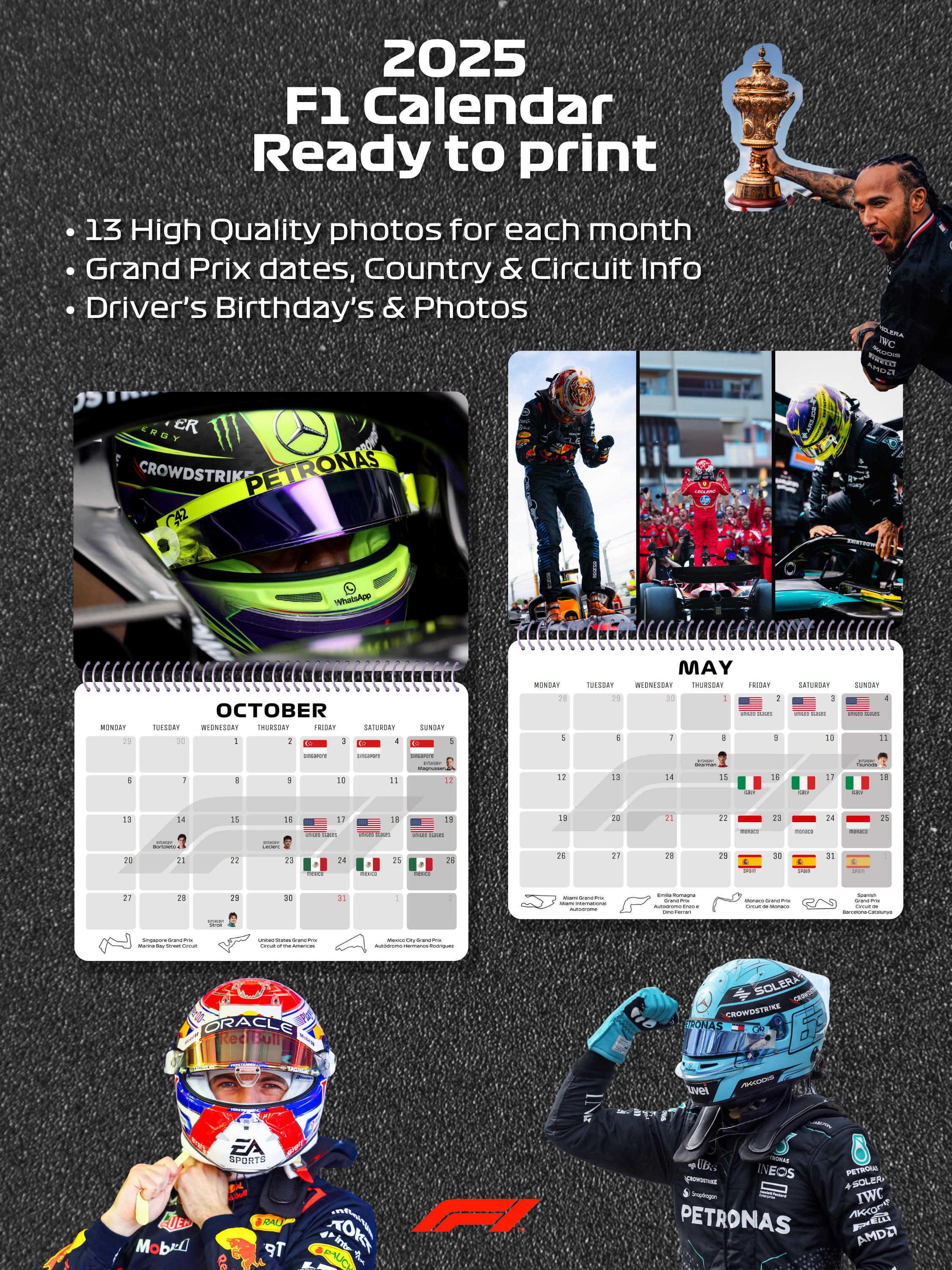 2025 F1 Calendar, Formula One Race Schedule, F1 Fan Gift, Drivers ...