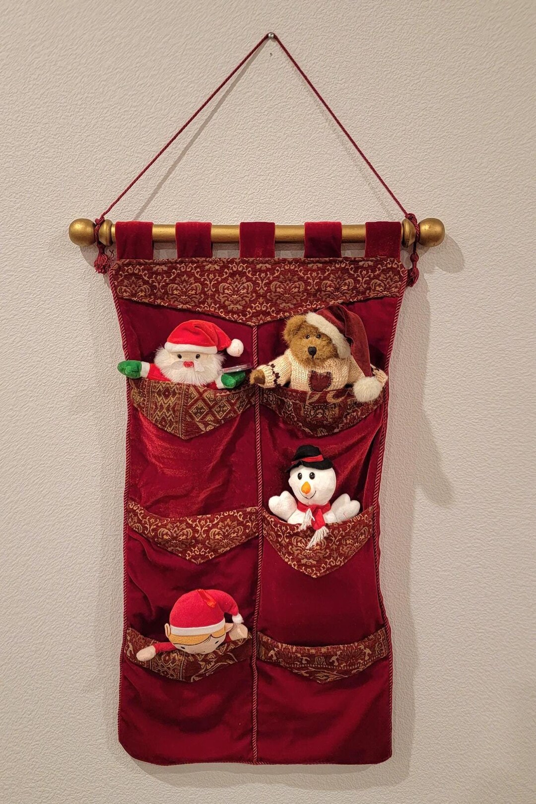 Vintage Christmas Card Holder Wall Pocket Organizer - Red Burgundy ...