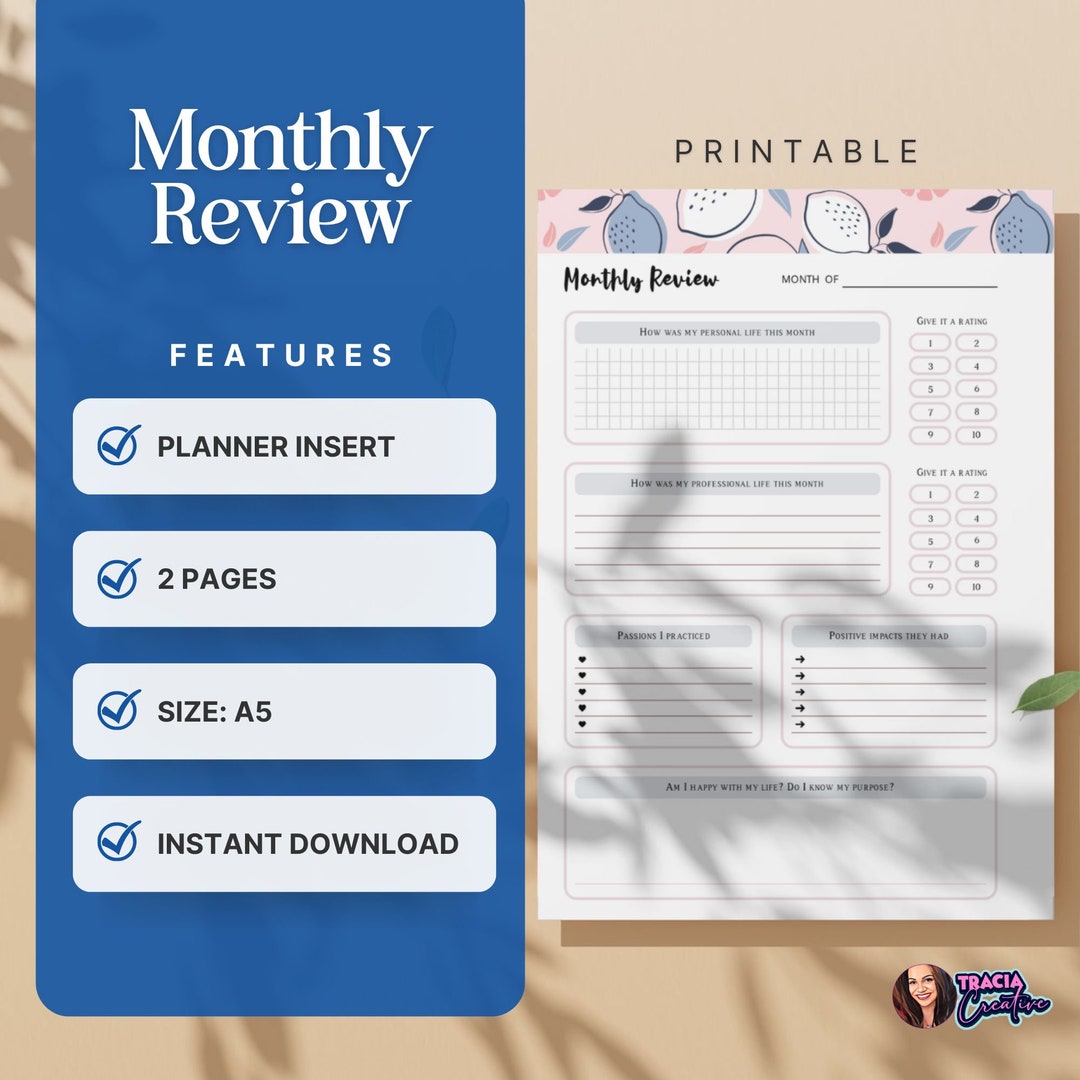 Monthly Review Planner, A5 Planner Insert Instant Download - Etsy