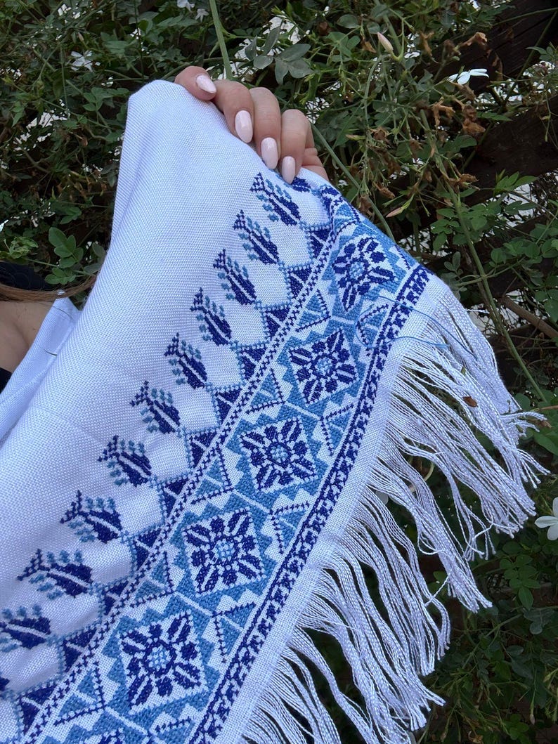 Hand Stitched Palestinian Tatreez Shawl – White Linen With Blue ...