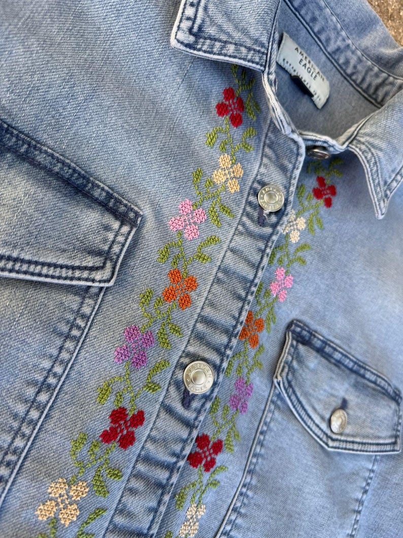 Hand-embroidered Floral Denim Shirt, Lightweight Jean Top, Button-up ...