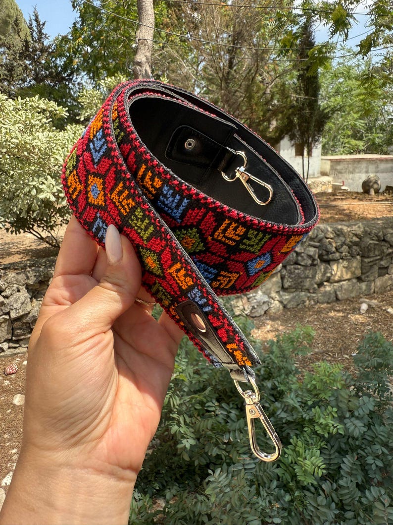 Handmade Arabic Tatreez Black Leather Bag Strap, Camera Strap - Etsy