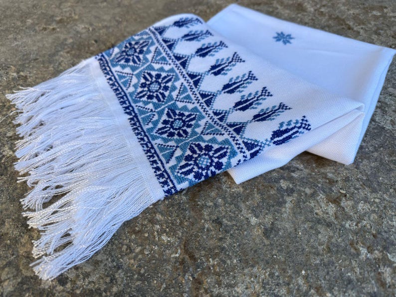 Hand Stitched Palestinian Tatreez Shawl – White Linen With Blue ...