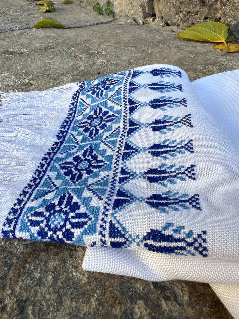 Hand Stitched Palestinian Tatreez Shawl – White Linen With Blue ...