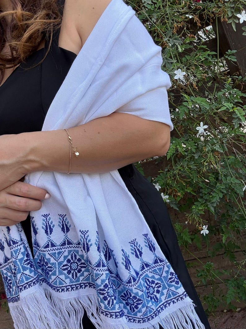 Hand Stitched Palestinian Tatreez Shawl – White Linen With Blue ...