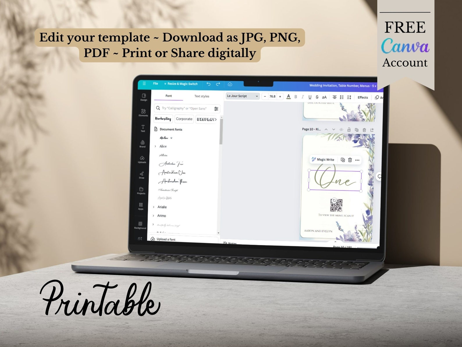 Table Numbers Set QR Code Menu Template L Pastoral Blue Purple Editable ...