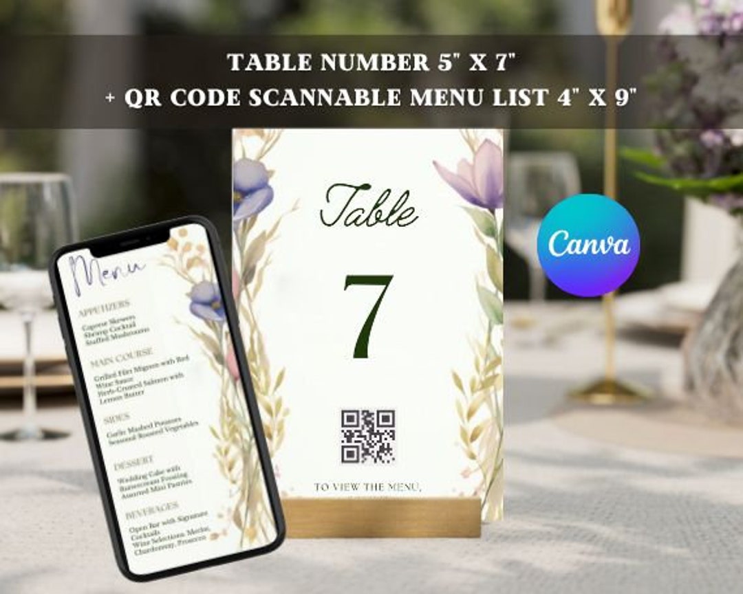 Table Numbers Set QR Code Menu Template Pastel Flowergrass Editable ...