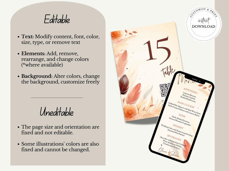Table Numbers Set QR Code Menu Template Ethereal Beigerose Feather ...