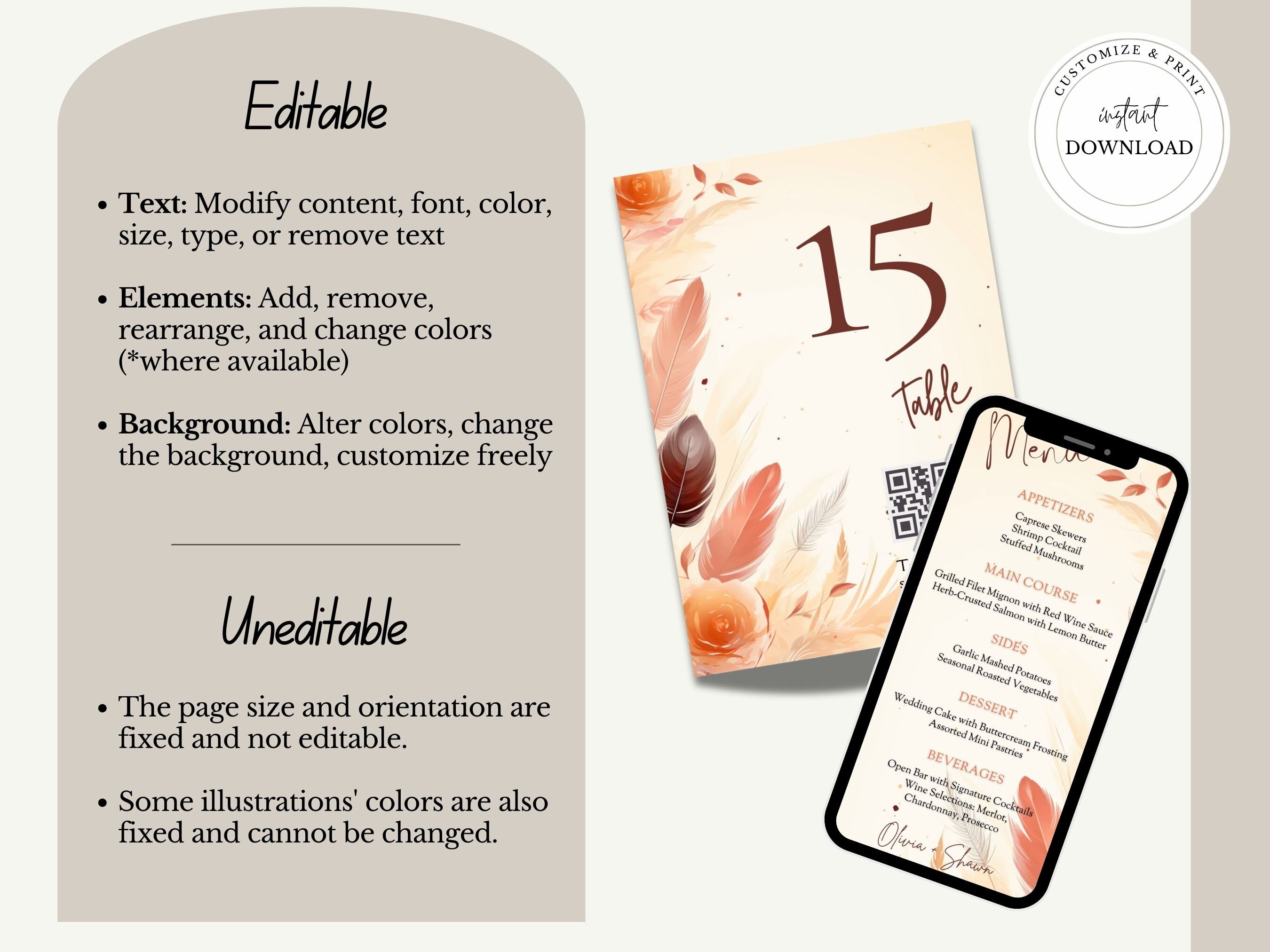 Table Numbers Set QR Code Menu Template Ethereal Beigerose Feather ...