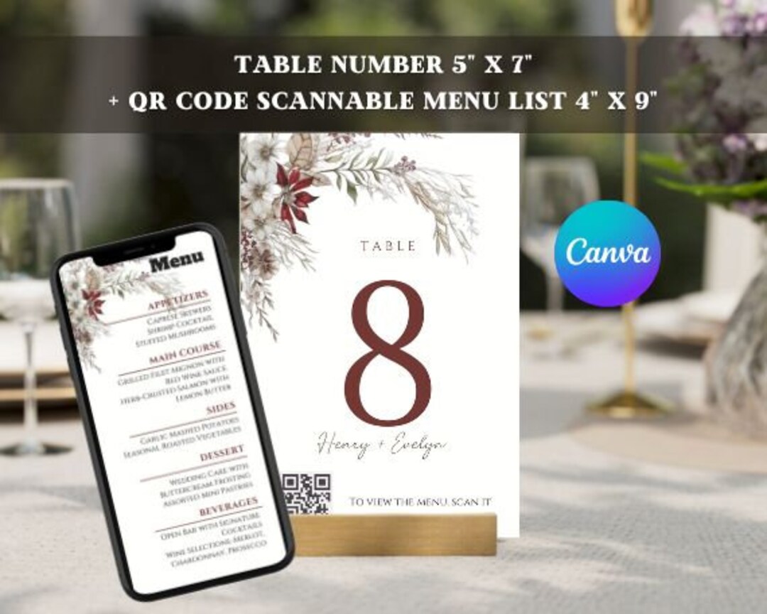 Table Numbers Set QR Code Menu Template Boho Leaves Wreath Editable ...