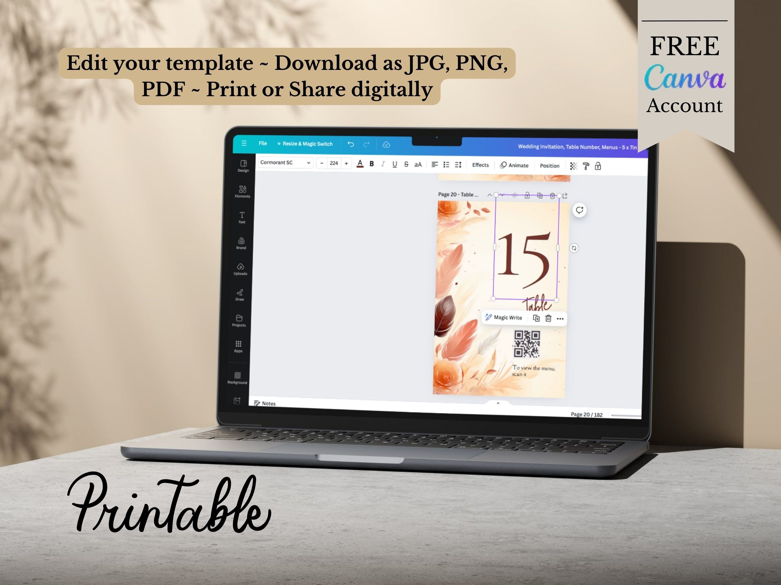 Table Numbers Set QR Code Menu Template Ethereal Beigerose Feather ...