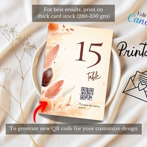 Table Numbers Set QR Code Menu Template Ethereal Beigerose Feather ...