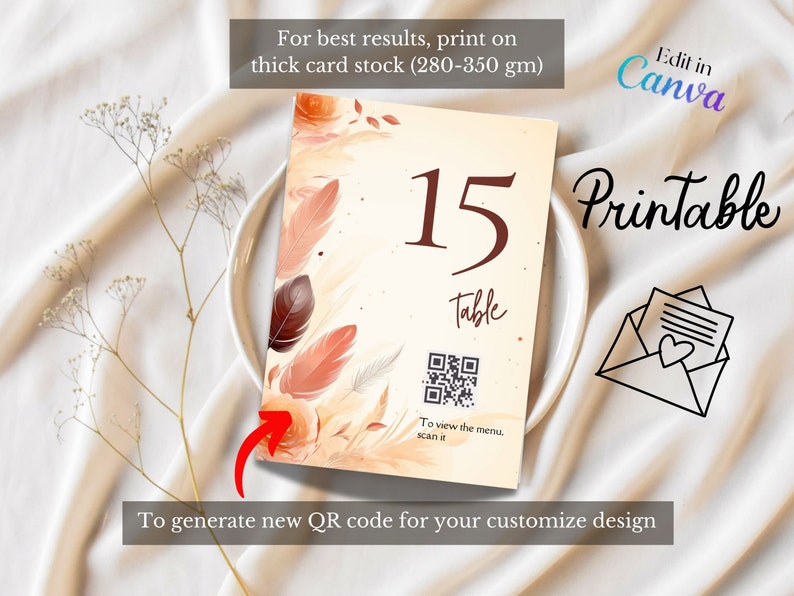 Table Numbers Set QR Code Menu Template Ethereal Beigerose Feather ...