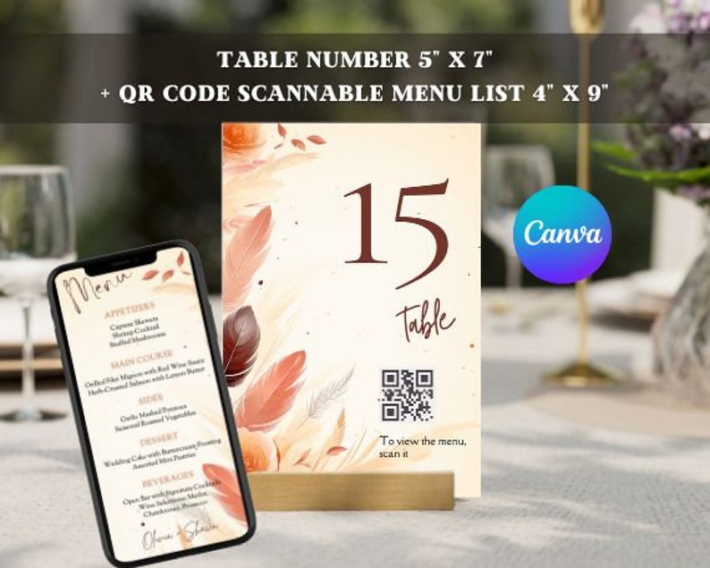 Table Numbers Set QR Code Menu Template Ethereal Beigerose Feather ...