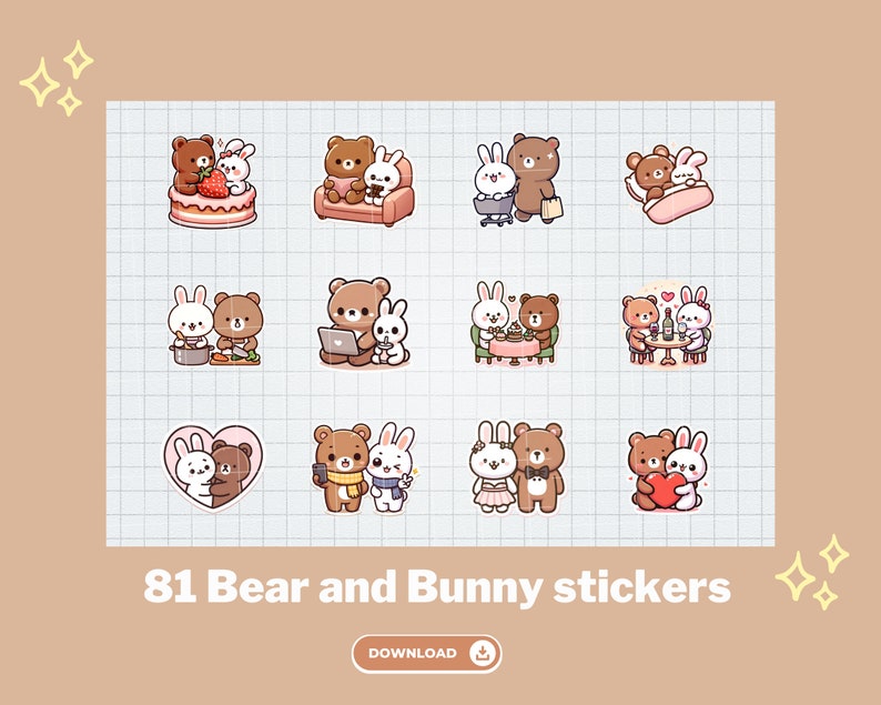 Cute Bunny and Bear Love Stickers | Digital Stickers | Cute Kawaii ...