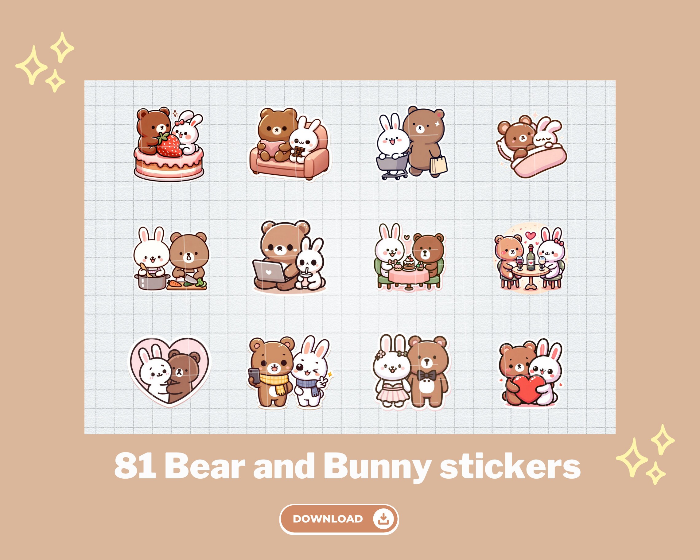 Cute Bunny and Bear Love Stickers | Digital Stickers | Cute Kawaii ...