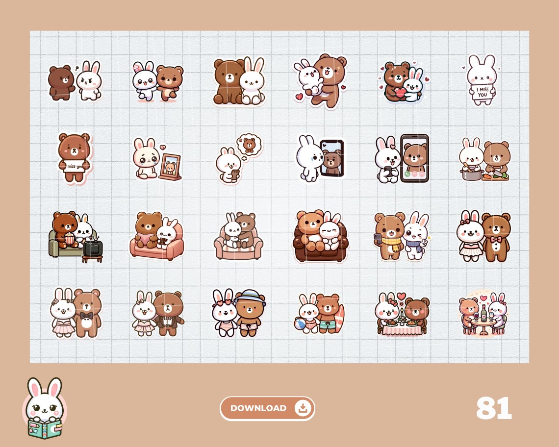 Cute Bunny and Bear Love Stickers | Digital Stickers | Cute Kawaii ...