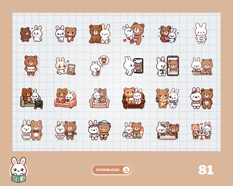 Cute Bunny and Bear Love Stickers | Digital Stickers | Cute Kawaii ...