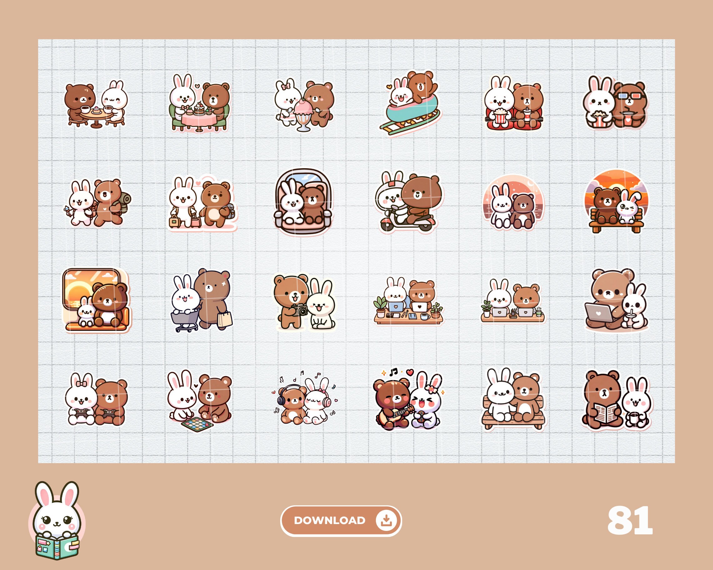 Cute Bunny and Bear Love Stickers | Digital Stickers | Cute Kawaii ...