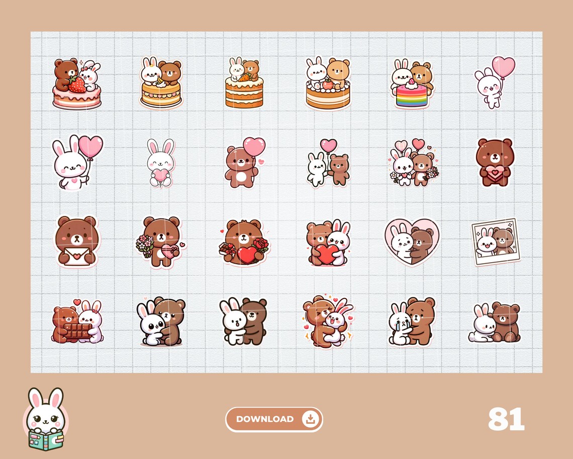 Cute Bunny and Bear Love Stickers | Digital Stickers | Cute Kawaii ...