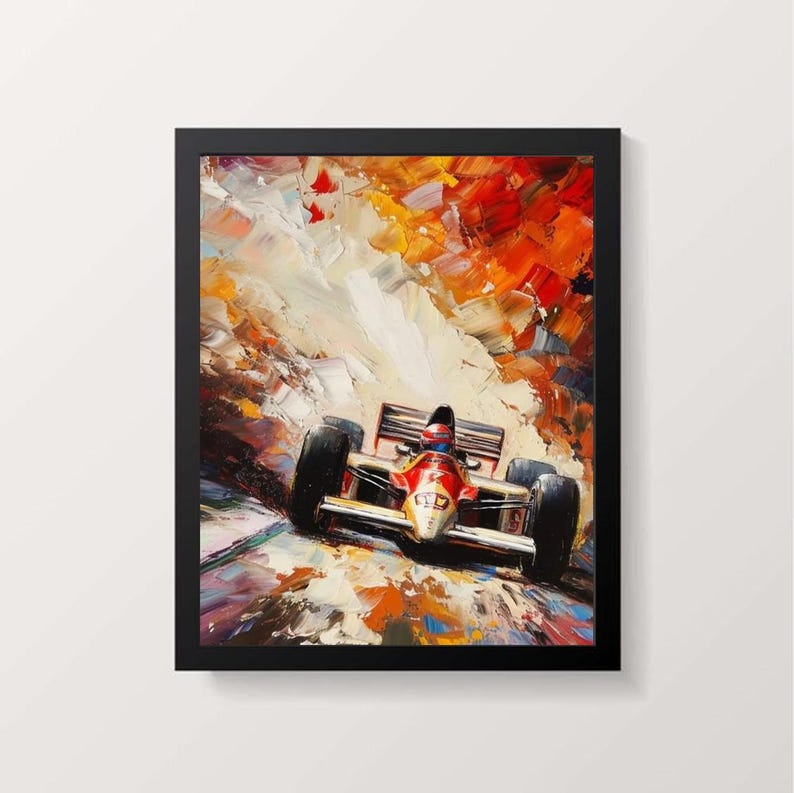 Dynamic Formula One Racing Car Oil Painting, Vibrant Motorsport Wall ...