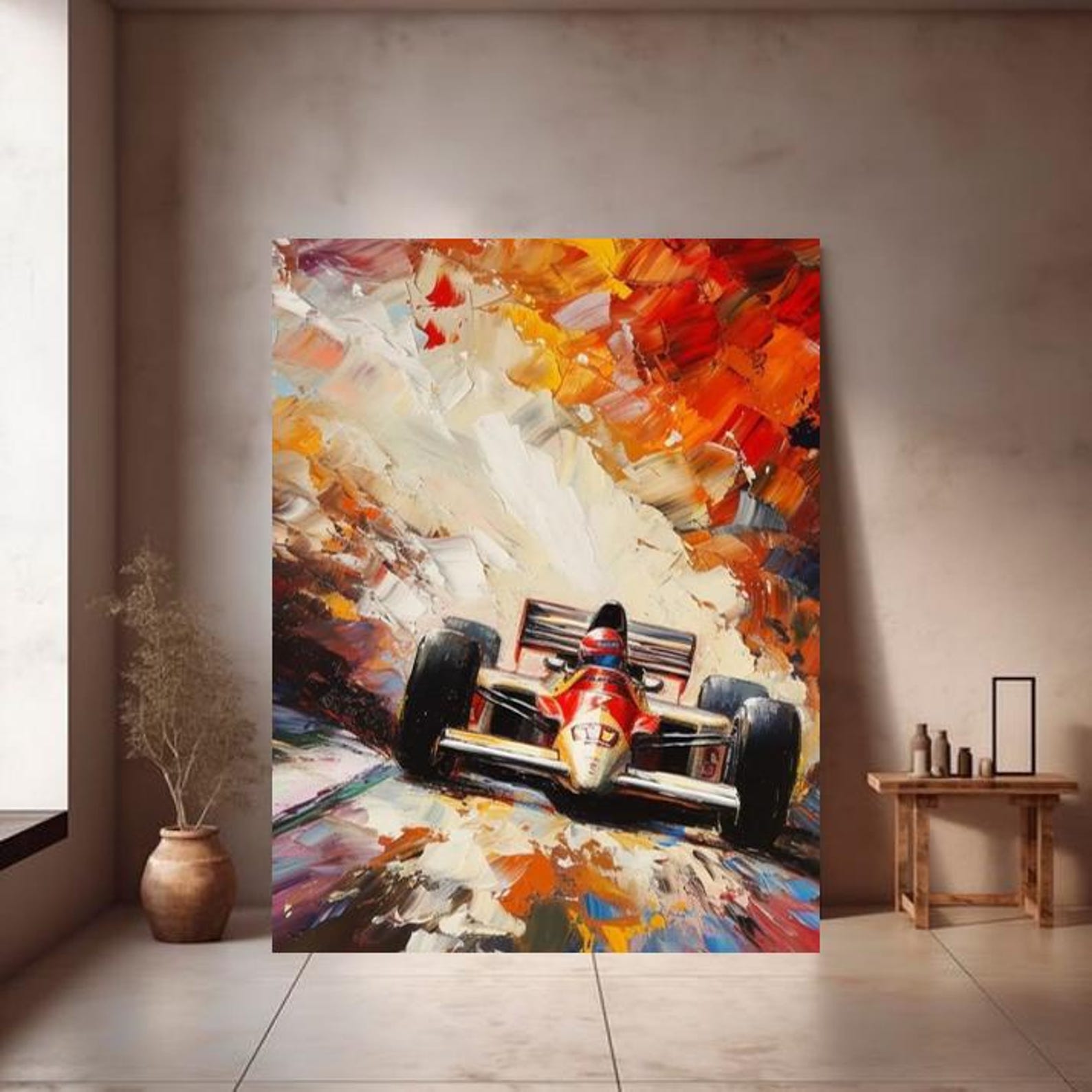 Dynamic Formula One Racing Car Oil Painting, Vibrant Motorsport Wall ...