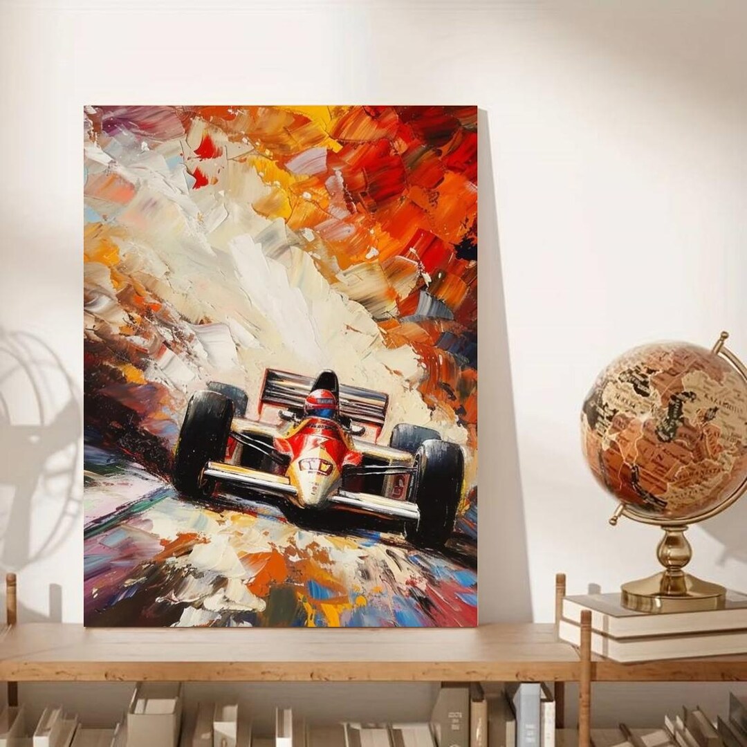 Dynamic Formula One Racing Car Oil Painting, Vibrant Motorsport Wall ...
