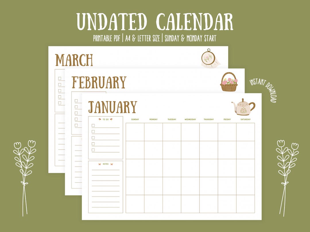 Undated Printable Cottagecore Monthly Calendar Planner Blank Landscape ...