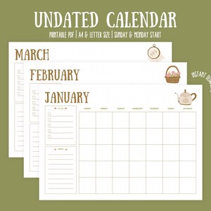 Undated Printable Cottagecore Monthly Calendar Planner Blank Landscape ...