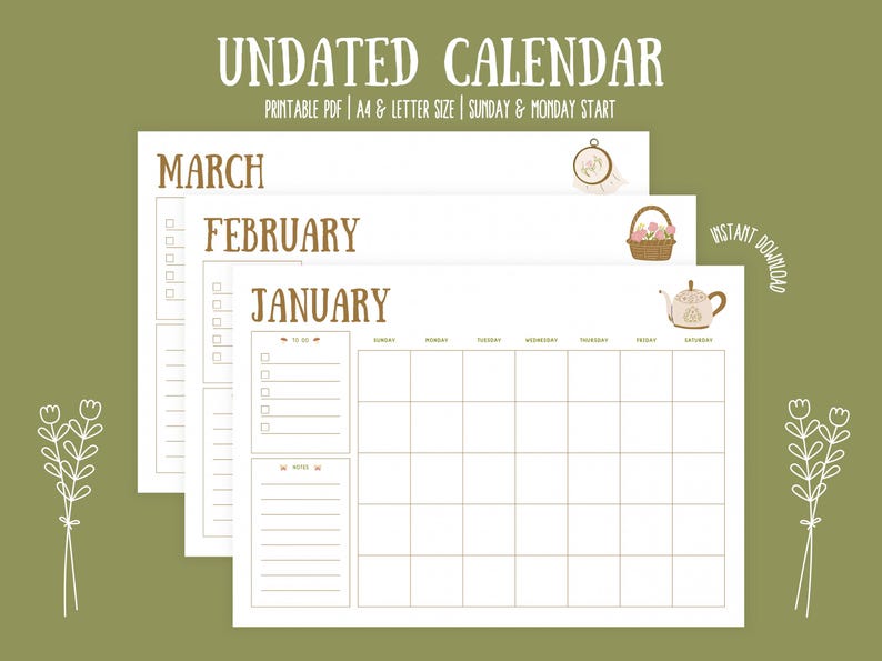 Undated Printable Cottagecore Monthly Calendar Planner Blank Landscape ...