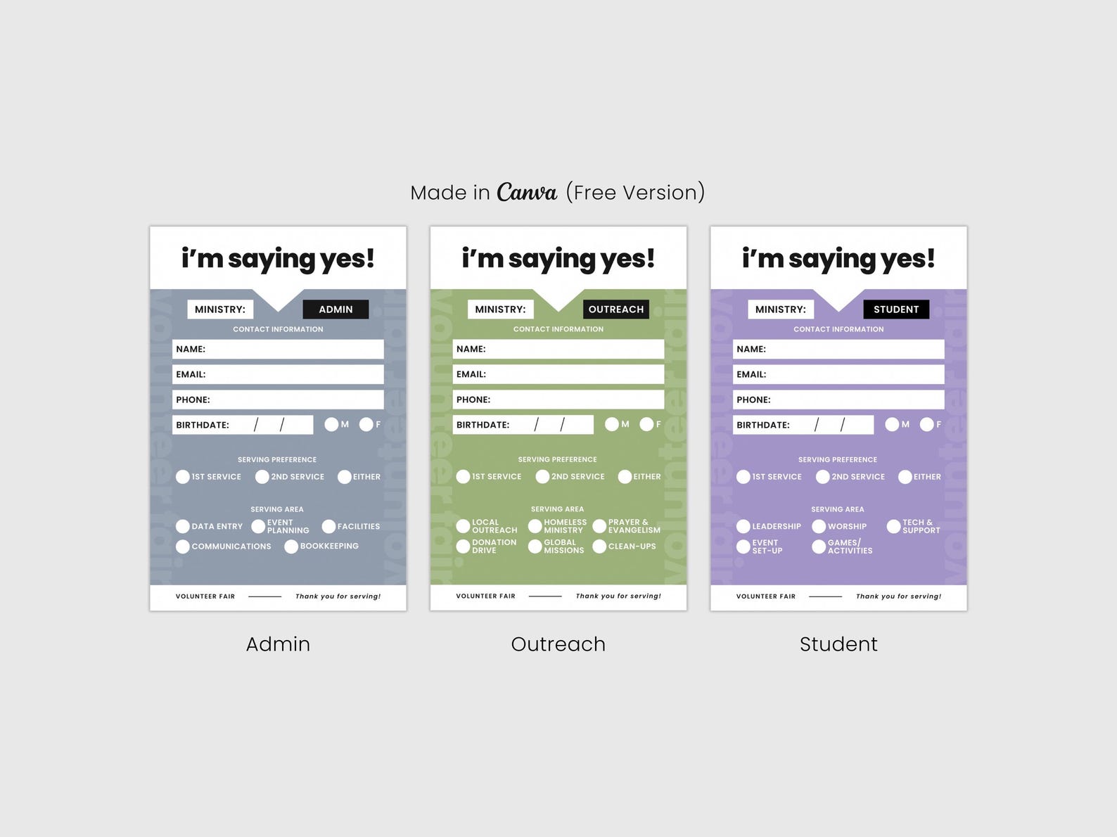 Church Volunteer Cards Template: Ministry Sign-up Forms (canva Editable ...