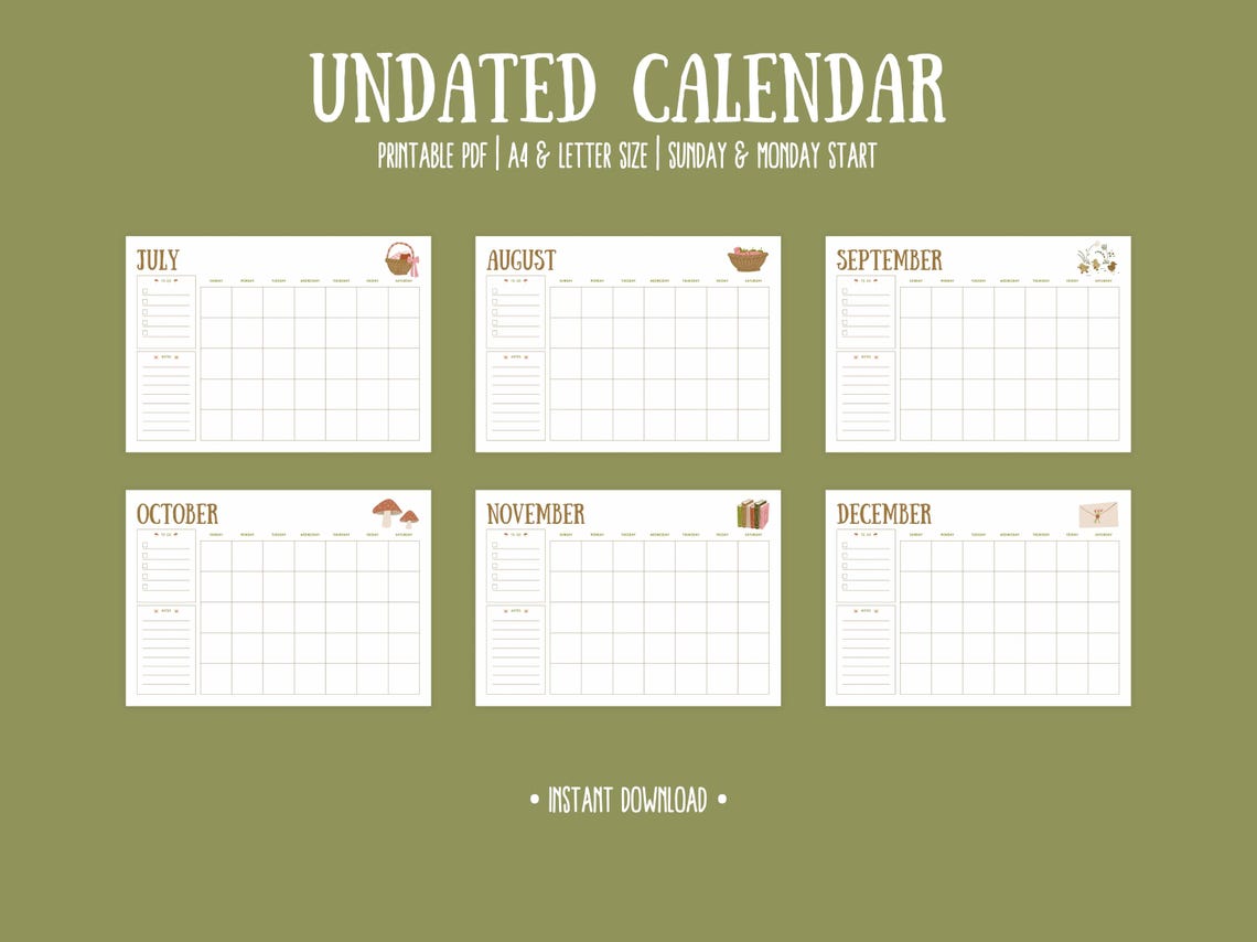 Undated Printable Cottagecore Monthly Calendar Planner Blank Landscape ...