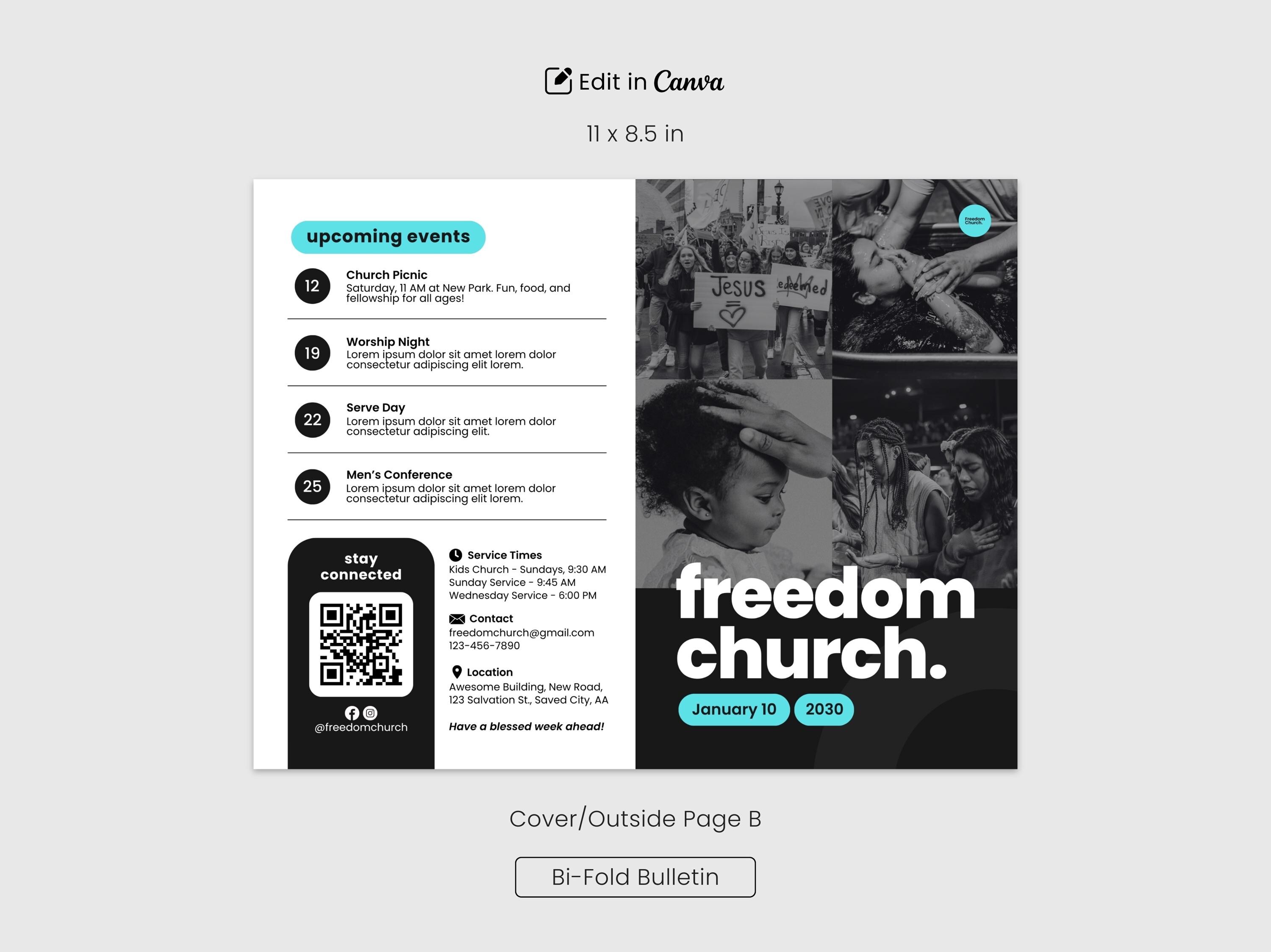 Modern Church Bi-fold Bulletin Template: Editable Canva Design (digital ...