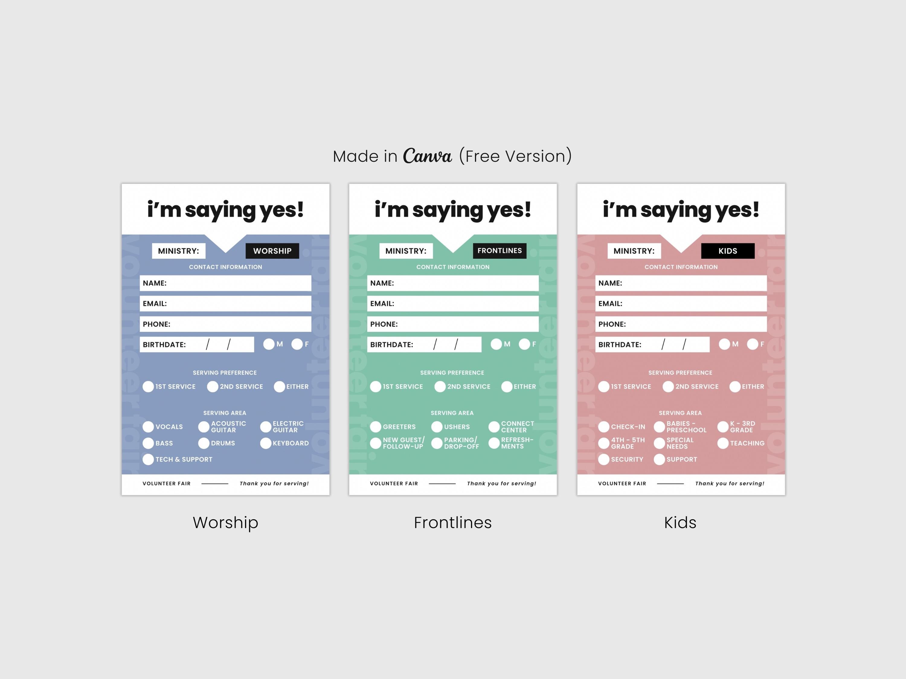 Church Volunteer Cards Template: Ministry Sign-up Forms (canva Editable ...