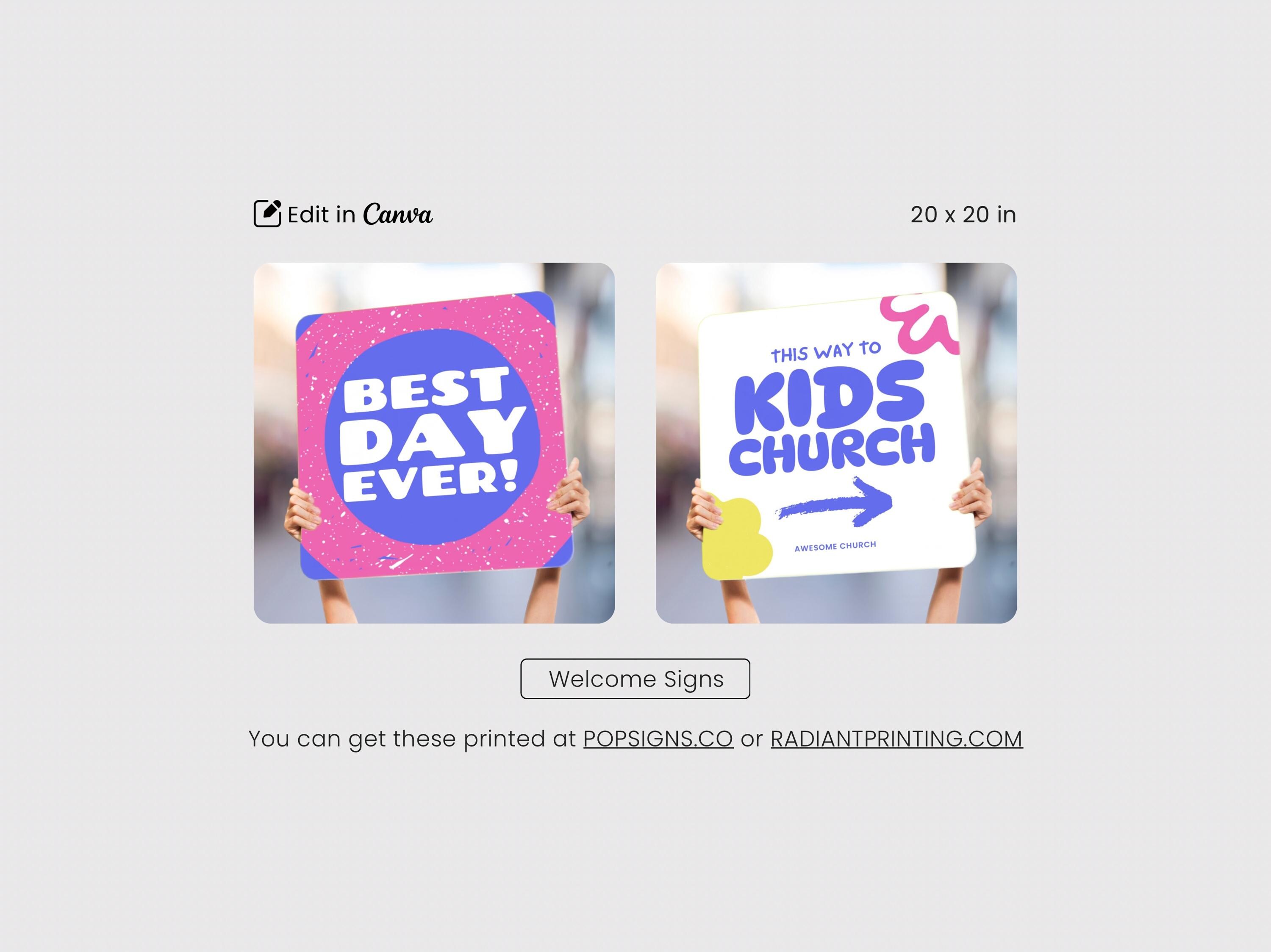 Kids Church Welcome Signs: Vibrant Pop Signs (canva Templates, Instant ...
