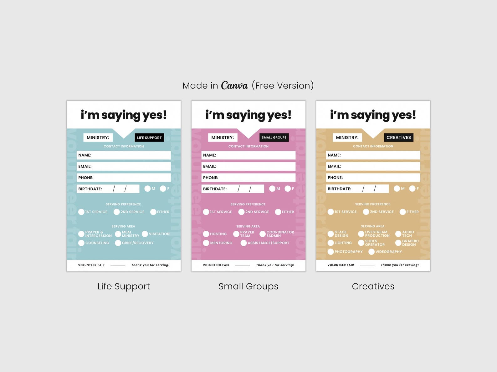 Church Volunteer Cards Template: Ministry Sign-up Forms (canva Editable ...