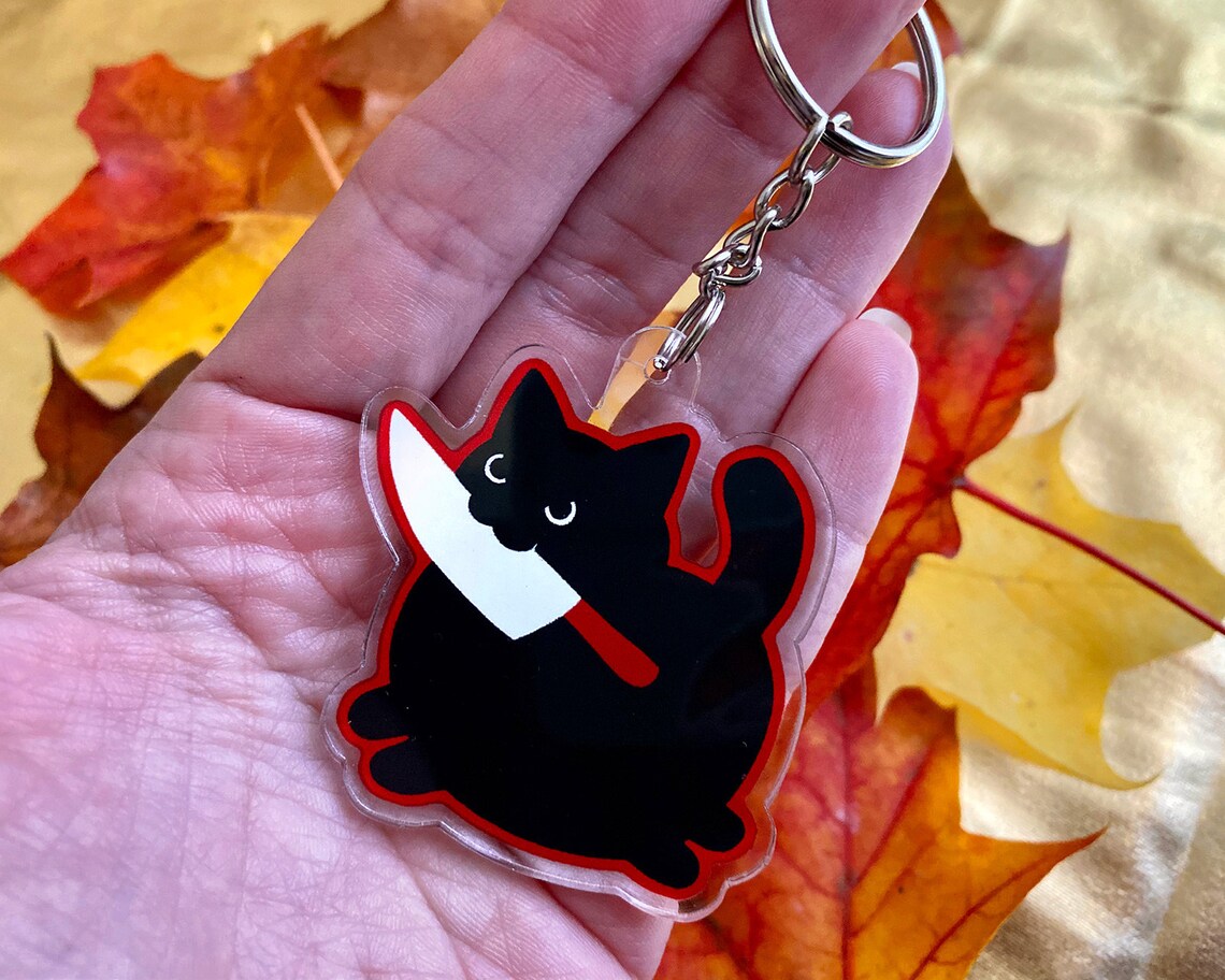 Black Knife Cat Halloween Acrylic Keychain Keyring Charm | Etsy