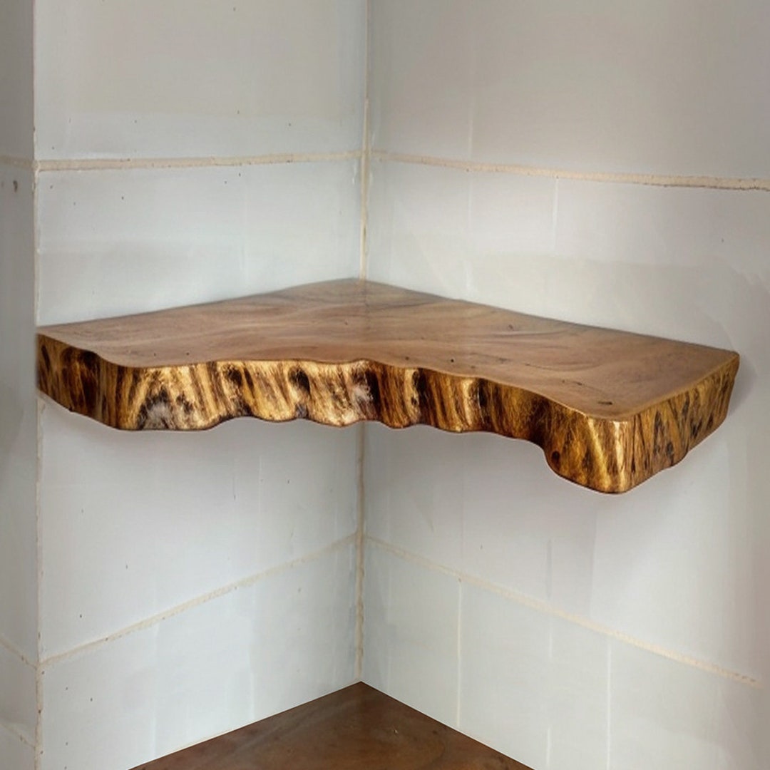 Live Edge Corner Shelf Floating Bookshelf Decor Solid Wood Hanging ...