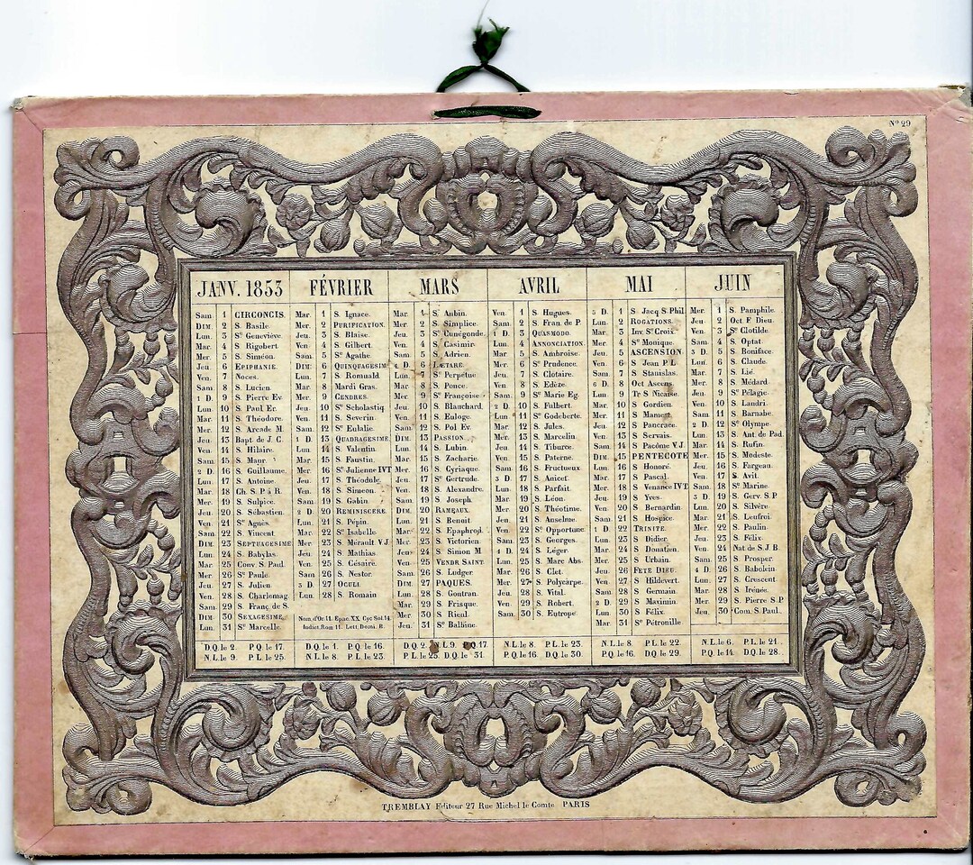 Vintage 1853 French Name and Saint Calendar PSS 5638 - Etsy