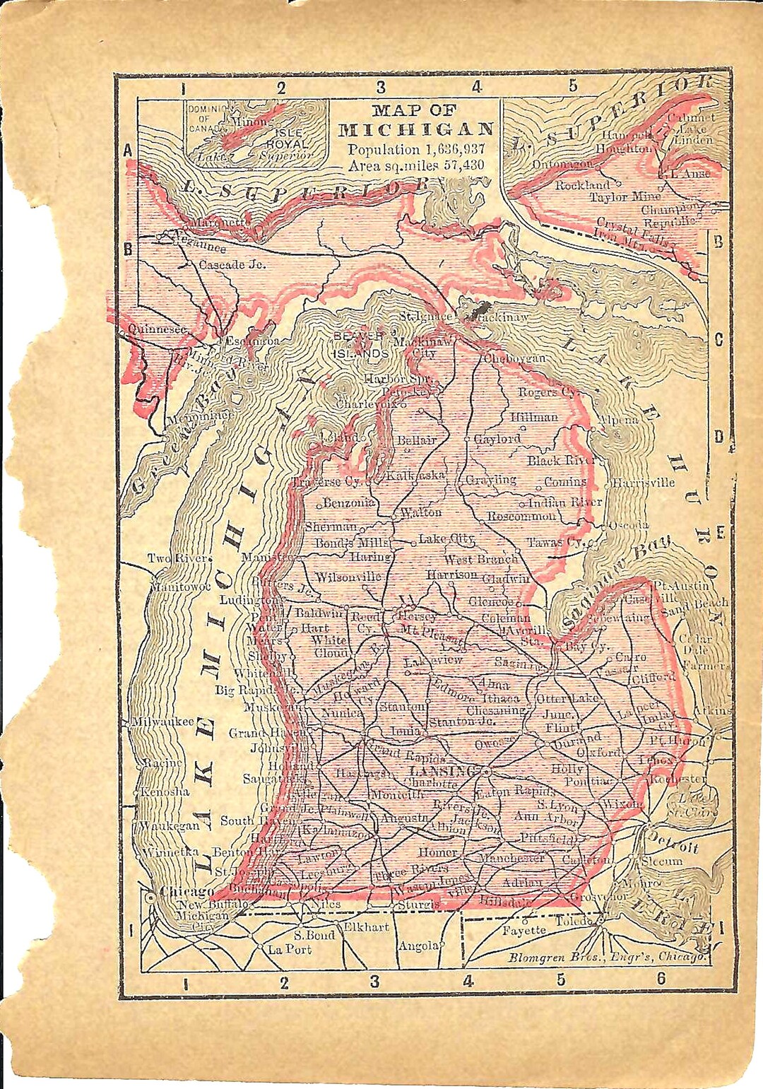 Vintage 1903 Michigan Map Book Page for Junk Journals, Collage, Mixed ...