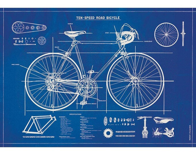 Bicycle Blueprint, Ten Speed Road Bicycle Flat Wrap Paper by Cavallini ...