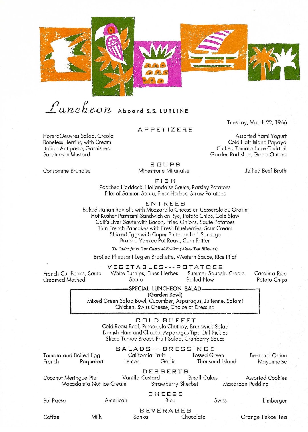 SS Lurline Matson Ship Vintage Collectable 1966 Luncheon Menu to Frame ...