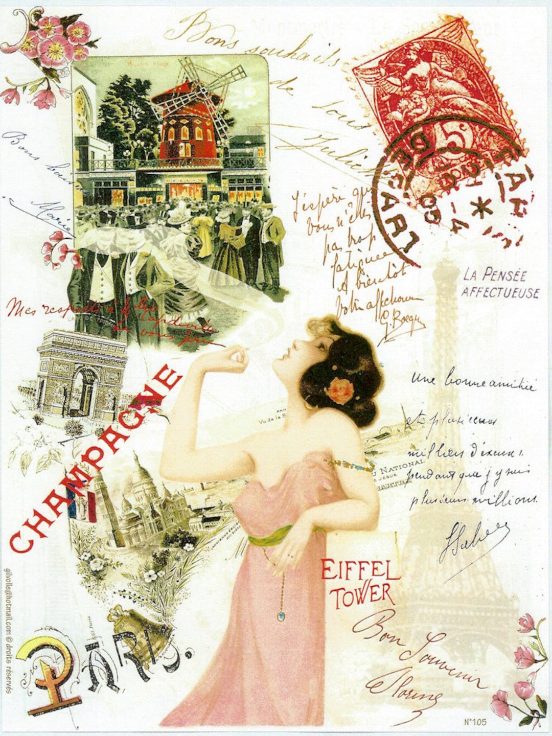 French Pink Champagne Collage Poster Print to Frame or for Paper Arts ...