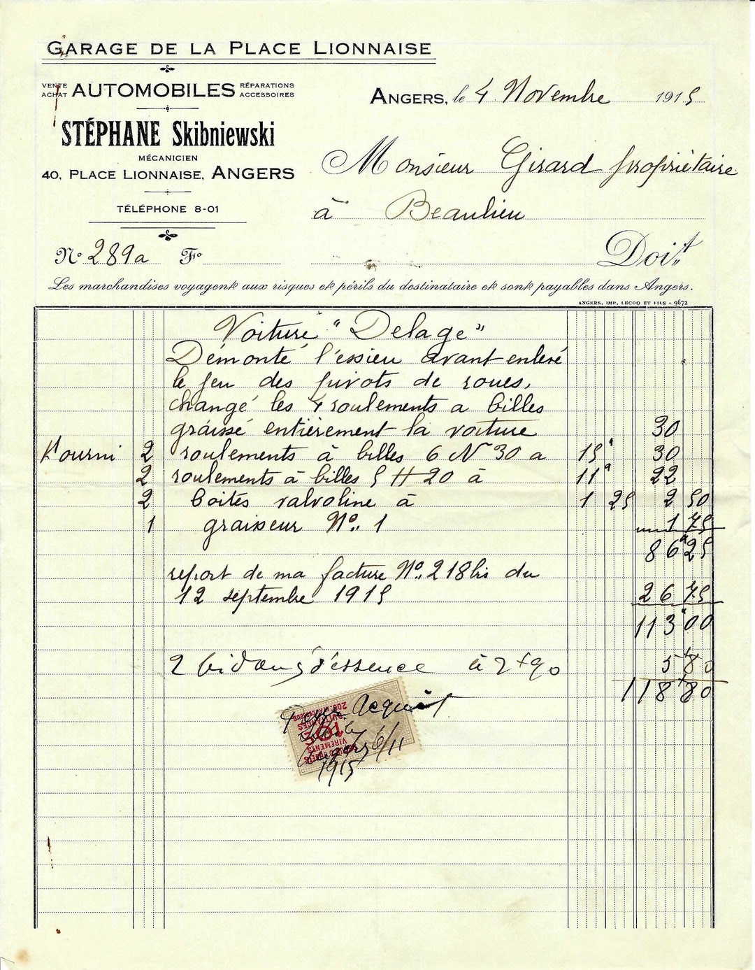 Antique 1918 French Original Receipt Garage De La Place - Etsy
