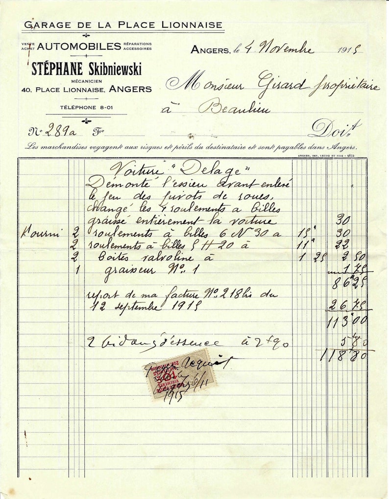 Antique 1918 French Original Receipt Garage De La Place - Etsy