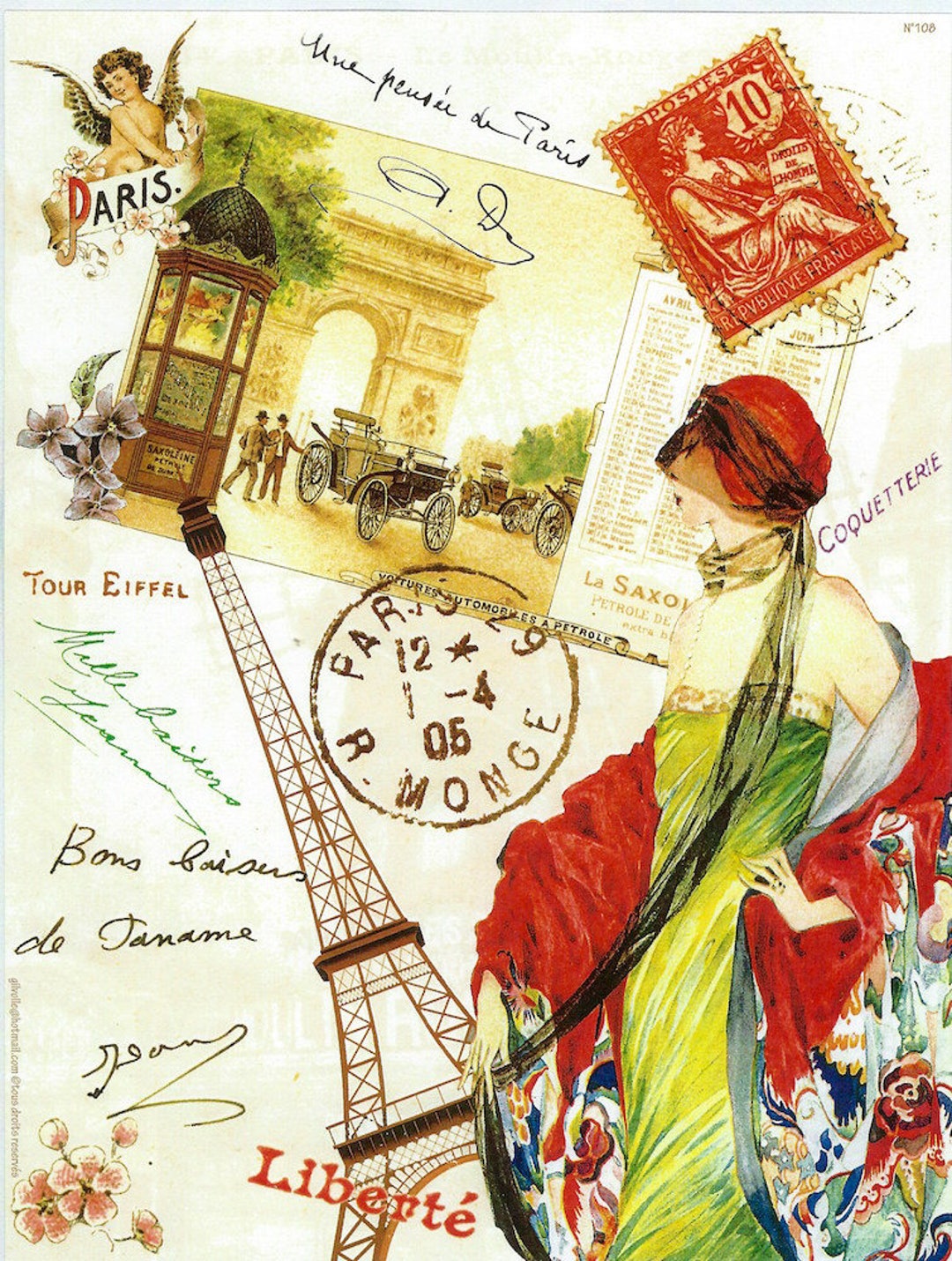 French Lady in Red Collage Poster to Frame or for Paper Arts, Collage ...
