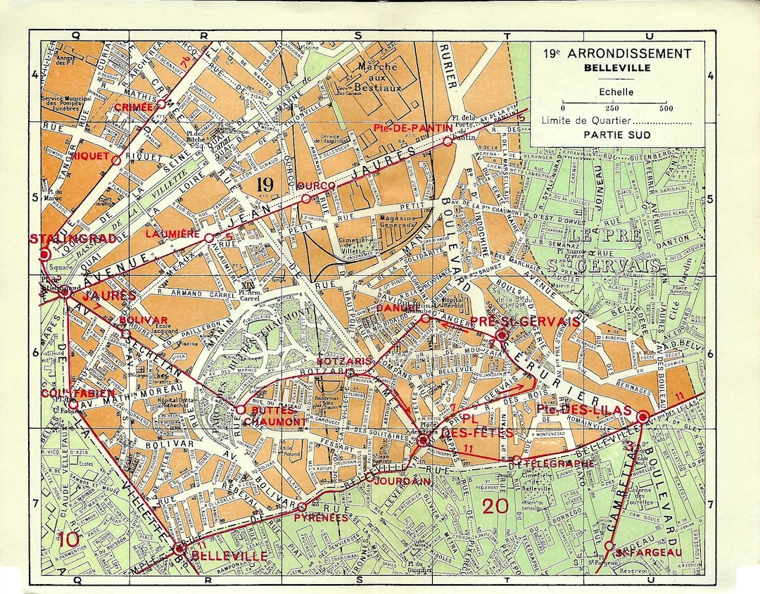 Vintage Paris 19th Arrondissement, Belleville Map to Frame or for ...