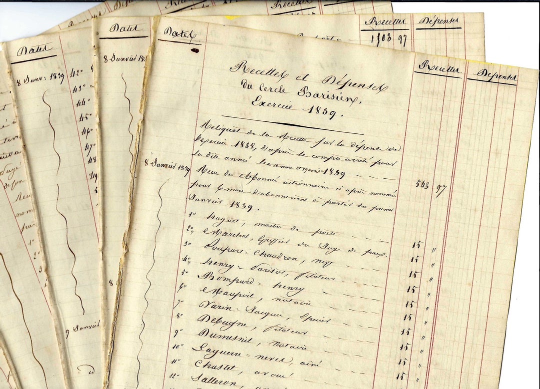 1839 - 1840 French Ledger Page, 1 Page Original Vintage French ...